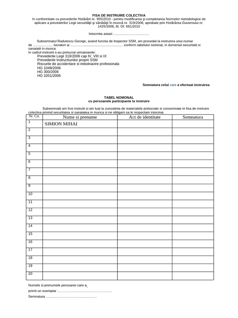 Fisa de Instruire Colectiva Santier | PDF