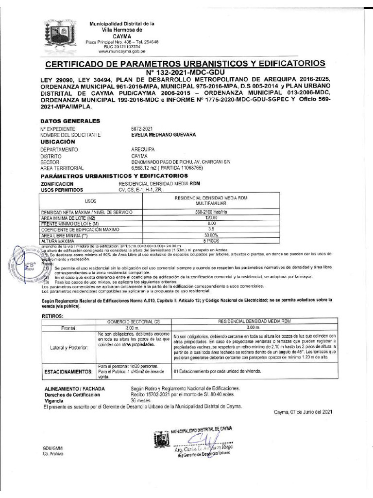 CERTIFICADO DE PARAMETROS y ZONIFICACION | PDF