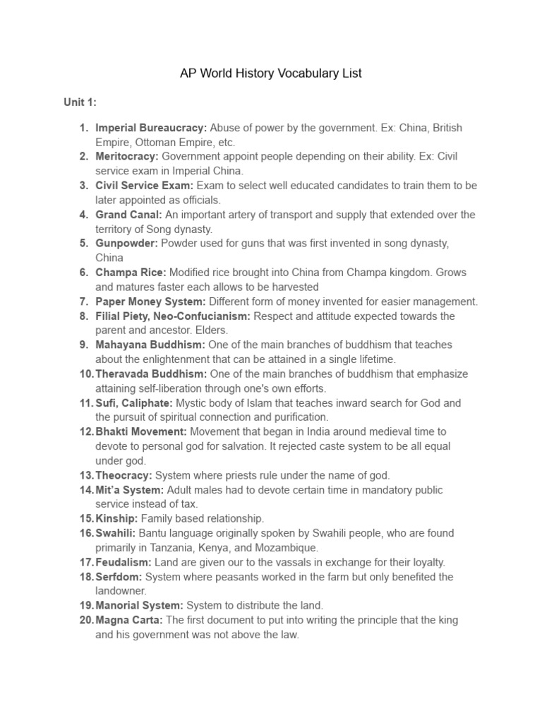 AP World History Vocabulary List | PDF