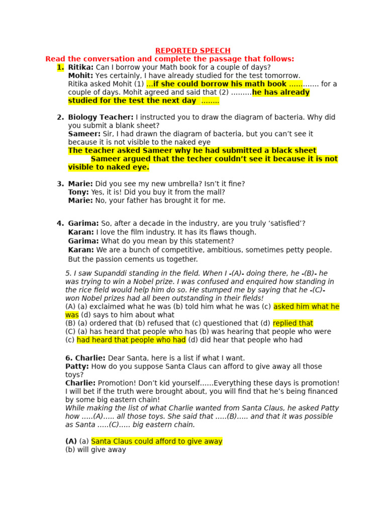 Reported Speech - Grade 9 | PDF