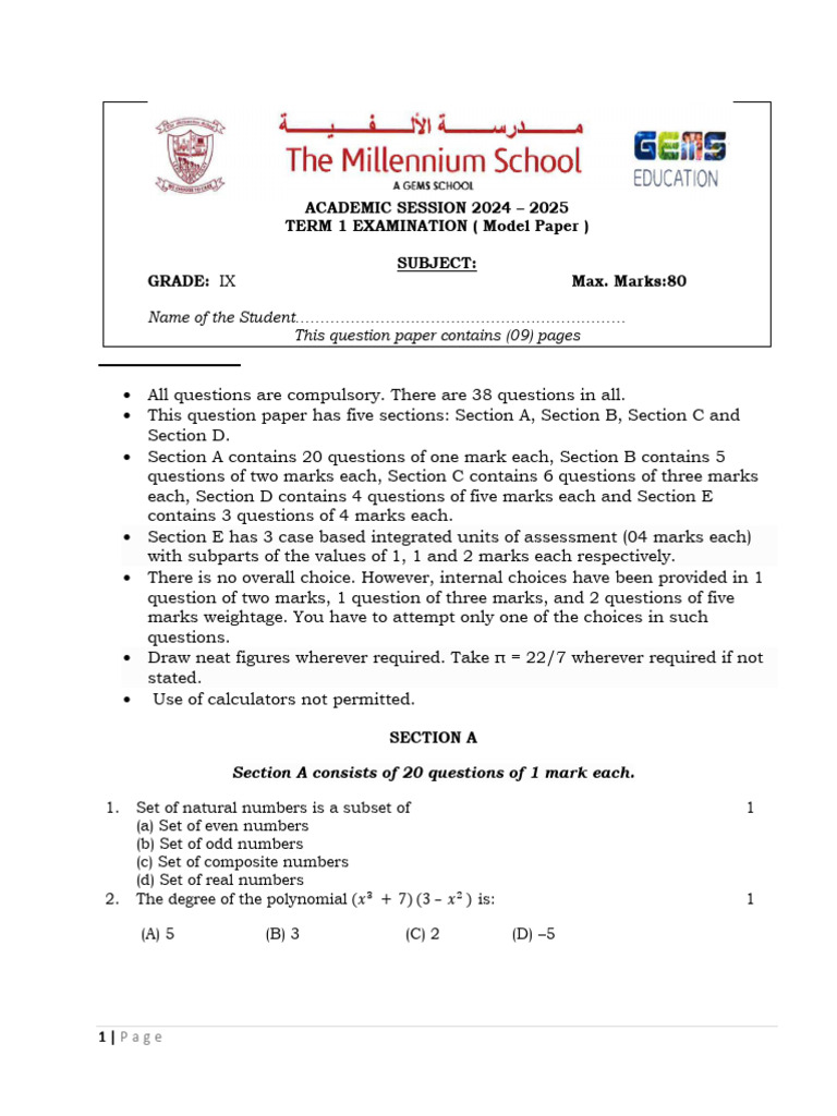 Grade 9 Term 1 2024-2025 math model paper (1) | PDF