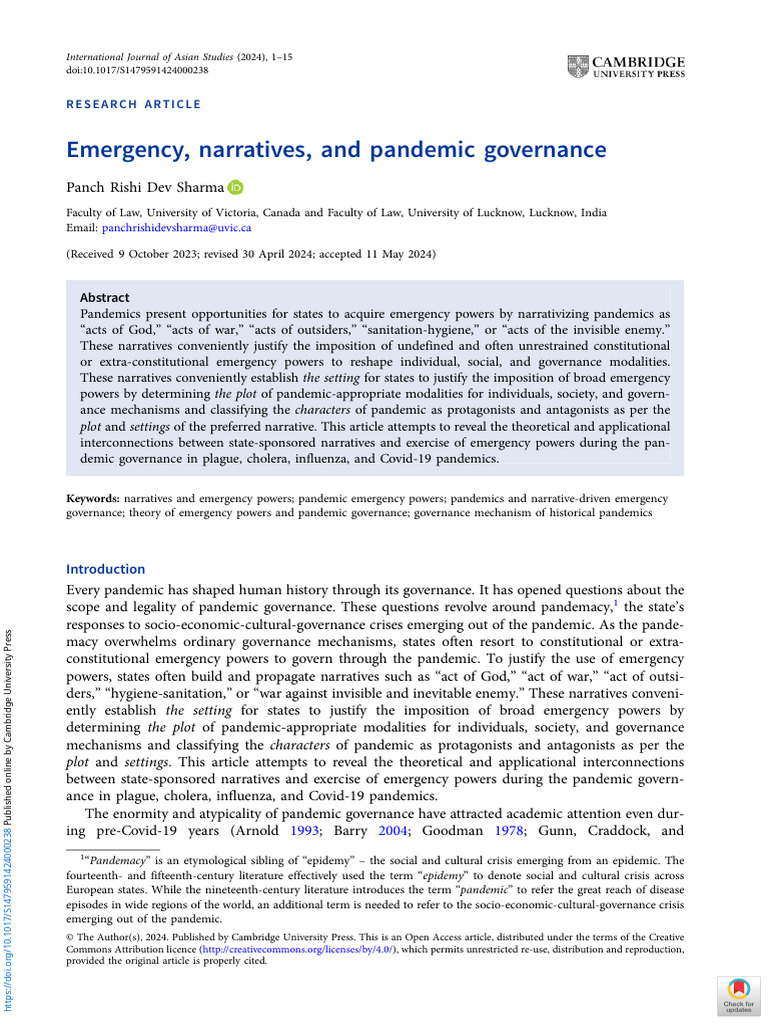 Emergency Narratives and Pandemic Governance | PDF