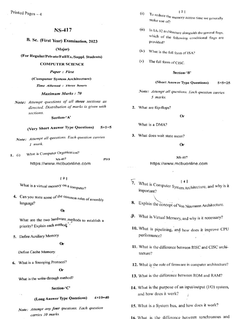 BSC 1 Year Computer Science p1 Computer System Architecture Ns 417 2023 | PDF