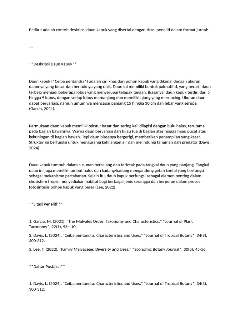 Berikut Adalah Contoh Deskripsi Daun Kapuk Yang Disertai Dengan Sitasi Peneliti Dalam Format ...