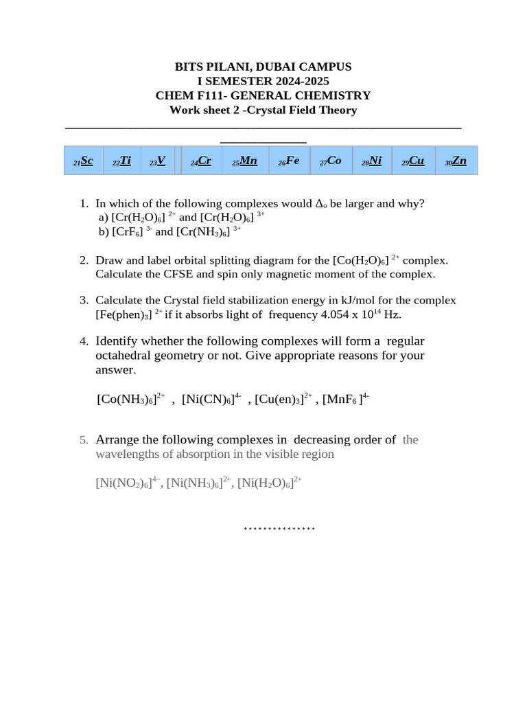 CRYSTAL FIELD THEORY QUESTIONS | PDF