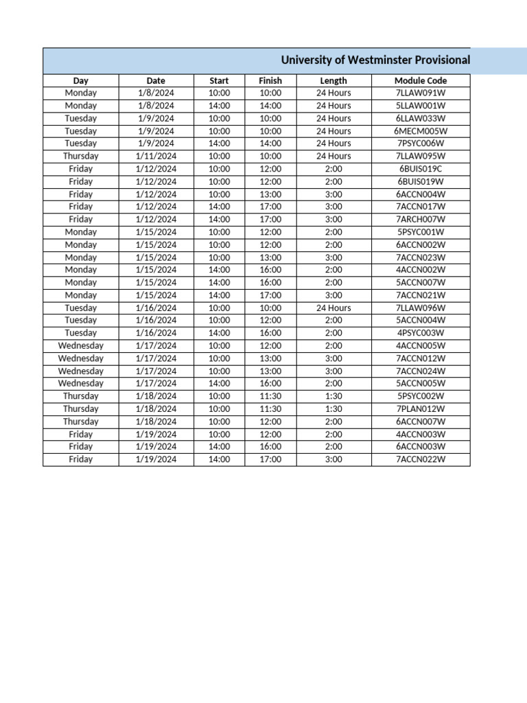 January 2024 Provisional Exam Timetable | PDF
