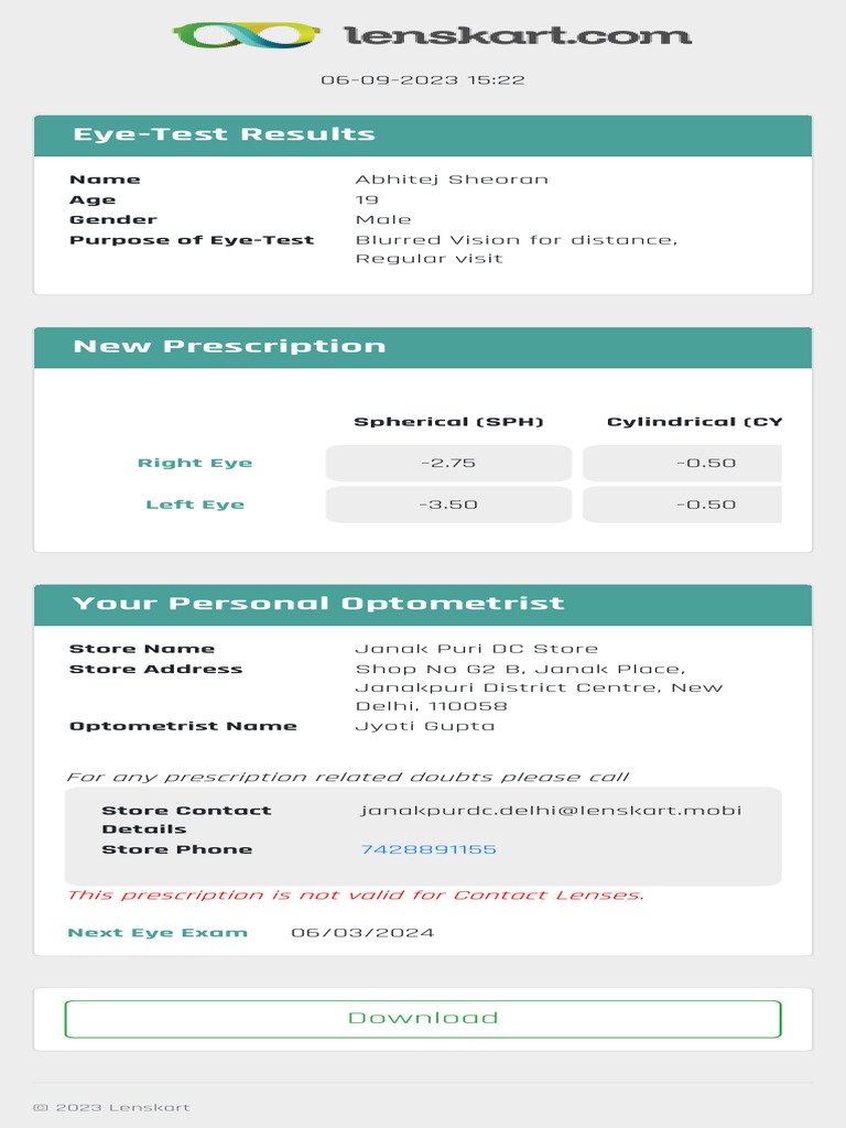 Lenskart Eye Test Prescription Report | PDF