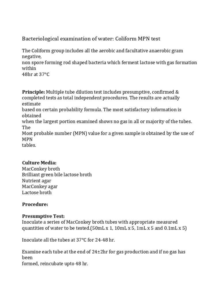 Bacteriological Examination of Water Coliform MPN Test | PDF | Cooking ...