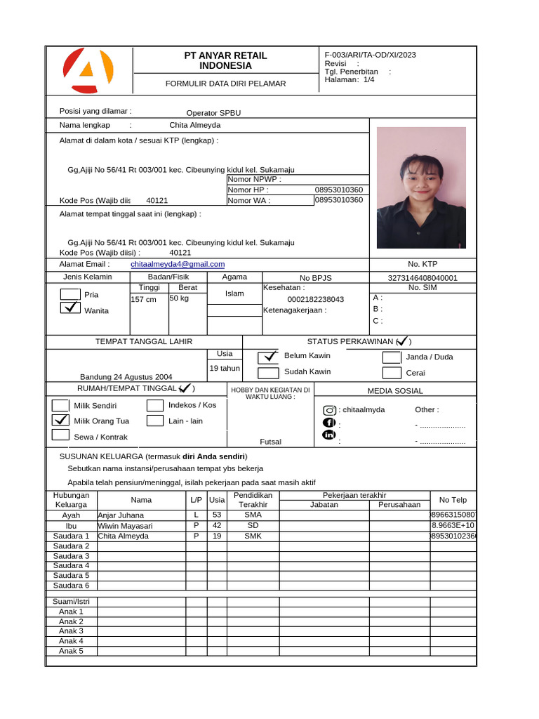 003 Form Data Diri Internal | PDF
