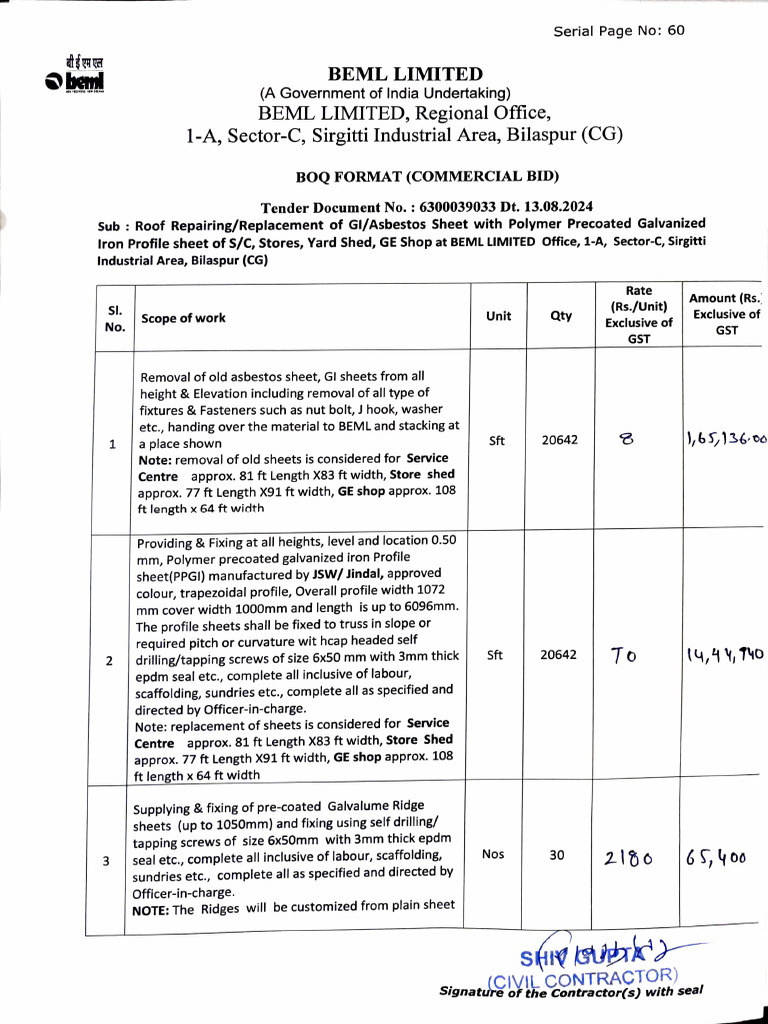 BEML Roof Repair and Replacement Tender | PDF