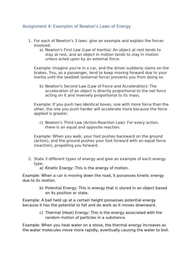 Assignment 4 Examples of Newton's Laws of Energy | PDF