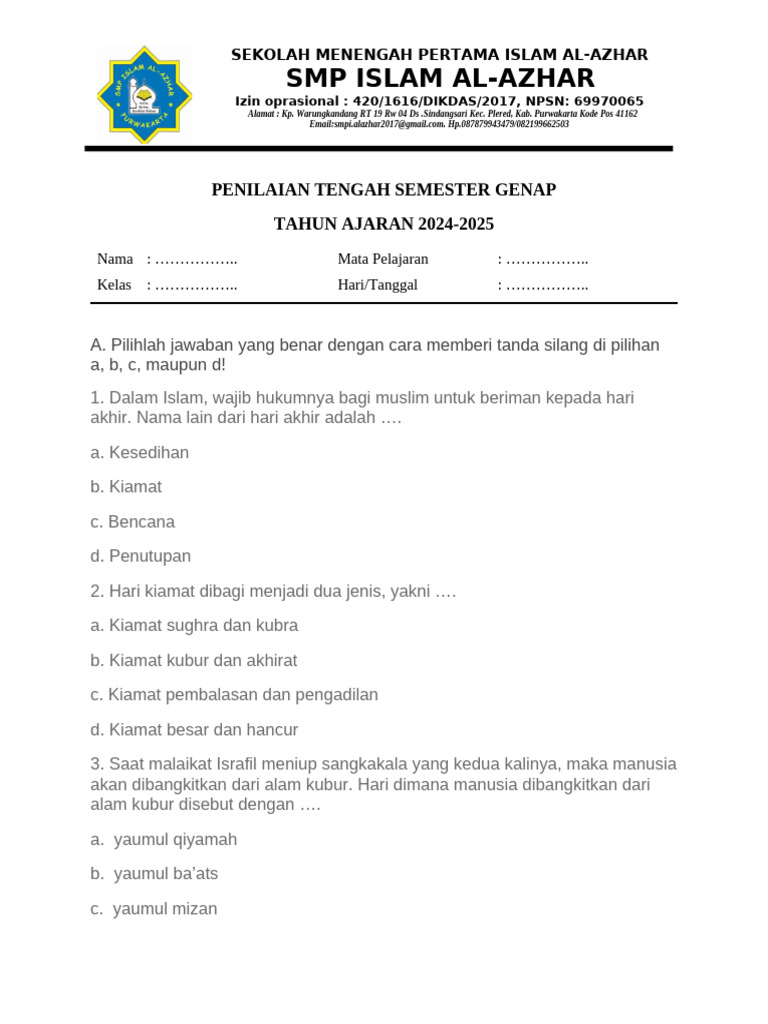 PTS SMP Kls 9 AL-AZHAR. T.P 24-25 | PDF