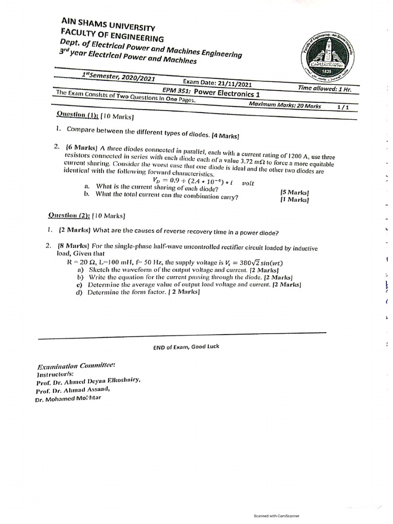 Power Electronics 1 Mid Term Exam Fall 2021 | PDF