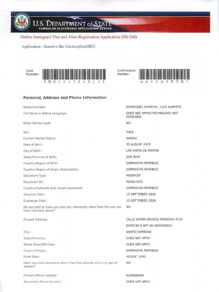 Luis Alberto Rodriguez Eugenia (Form DS-260) | PDF