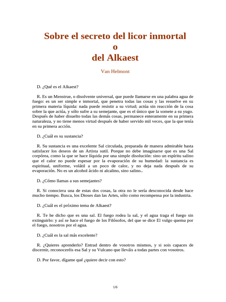 Sobre El Secreto Del Licor Inmortal o Del Alkaest: Van Helmont | PDF
