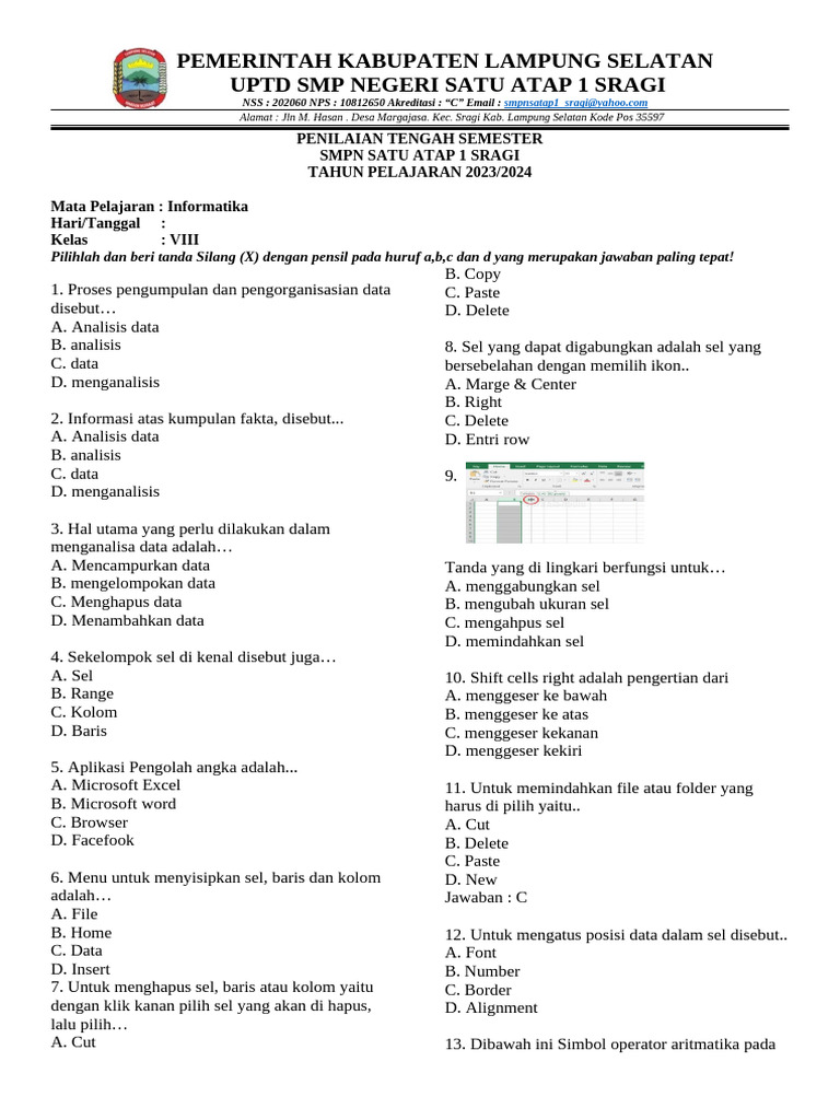 SOAL & JAWABAN PAT INFORMATIKA KELAS 7 Ulangan Print | PDF