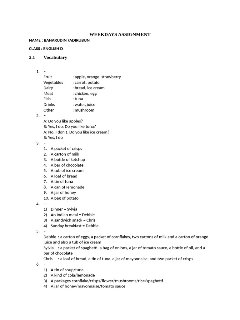 Weekdays Assignment Baharudin Fadirubun | PDF