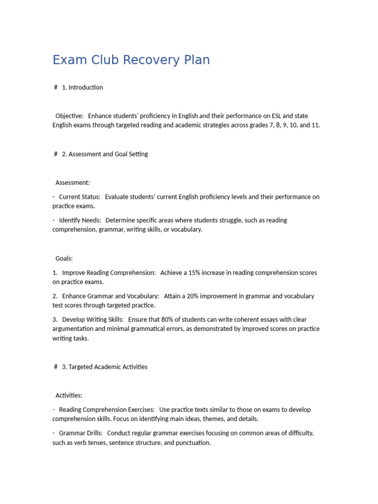 Exam Club Recovery Plan | PDF