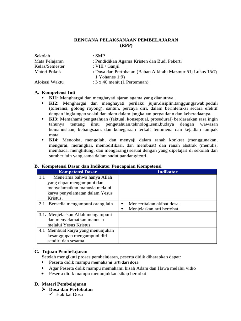 RPP Dosa Dan Pertobatan Kelas VII SMP | PDF