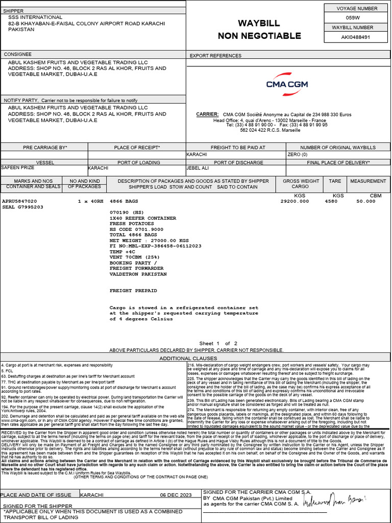 Reefer Container Shipment of Fresh Potatoes | PDF | Bill Of Lading | Cargo