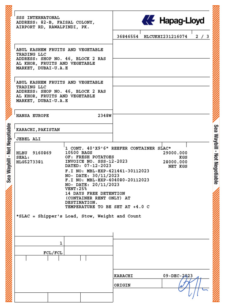 SSS International Bill of Lading Issued by Hapag-Lloyd | PDF | Cargo | Bill Of Lading