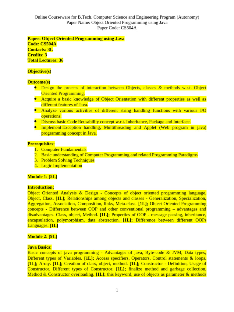 OCW - CS504A Object Oriented Programming Using Java - Updated | PDF