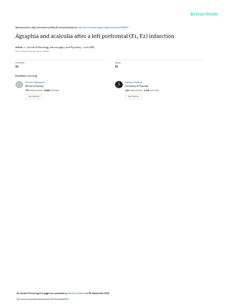 Agraphia and Acalculia After A Left Prefrontal F1 | PDF