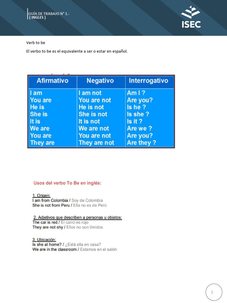 Guia de Trabajo #1 Verbo To Be | PDF