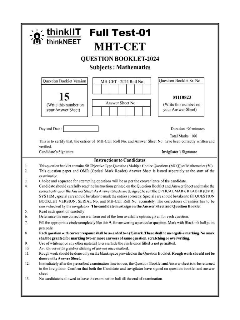 MHT MATHEMATICS Full Test-1 - Print | PDF