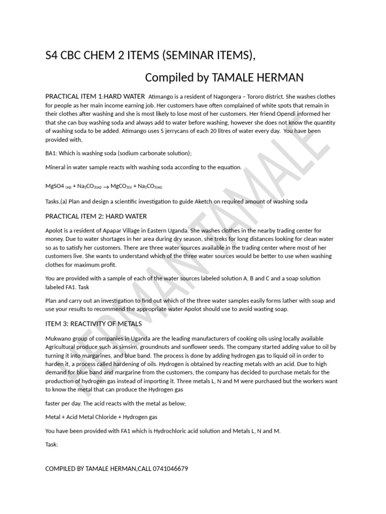 S4 CBC CHEM 2 ITEMS by Herman | PDF | Magnesium | Acid