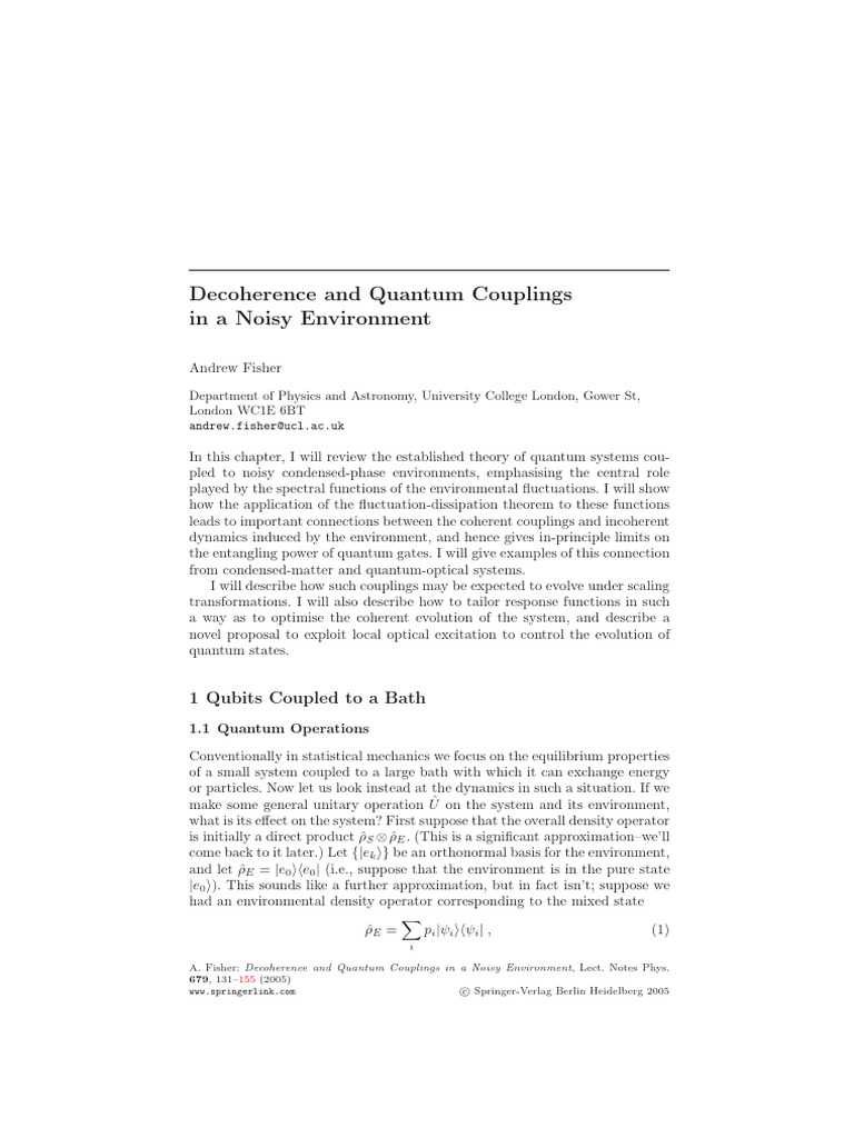 Decoherence and Quantum Couplings in A Noisy Environment: 1 Qubits Coupled To A Bath | PDF