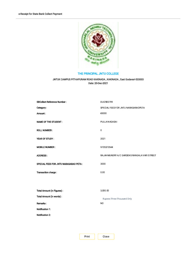 Btech Fee Receipts | PDF