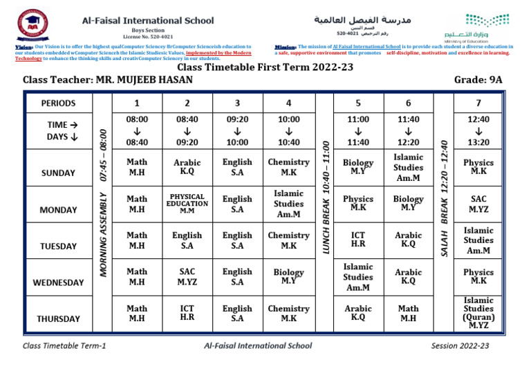 9A Class Timetable Term-1 2022 99692864 | PDF