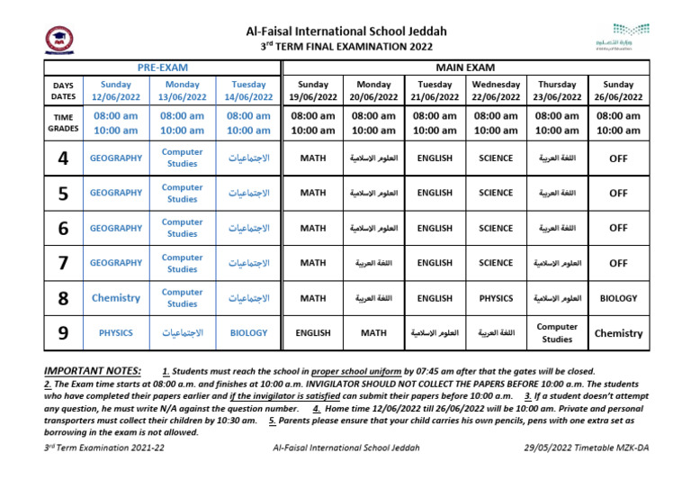 3rd TERM FINAL EXAM TIMETABLE 98756779 | PDF