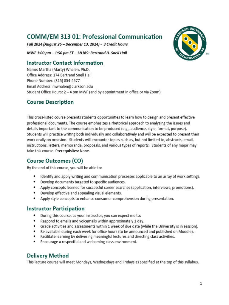 Comm Em 313 01 Syllabus Fall 2024 With Schedule | PDF