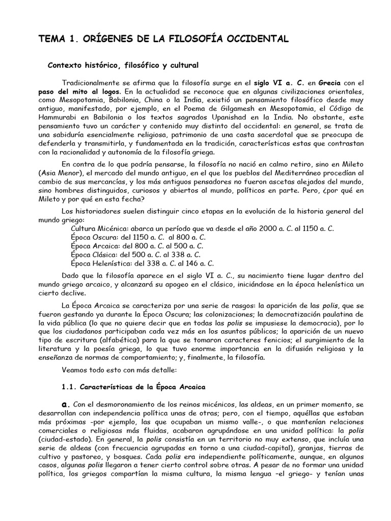 Tema 1. Orígenes de La Filosofía Occidental (Filosofía Presocrática) | PDF