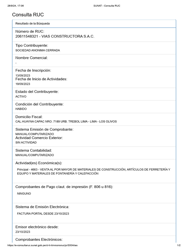 SUNAT - Consulta RUC VIAS CONSTRUCTORA | PDF