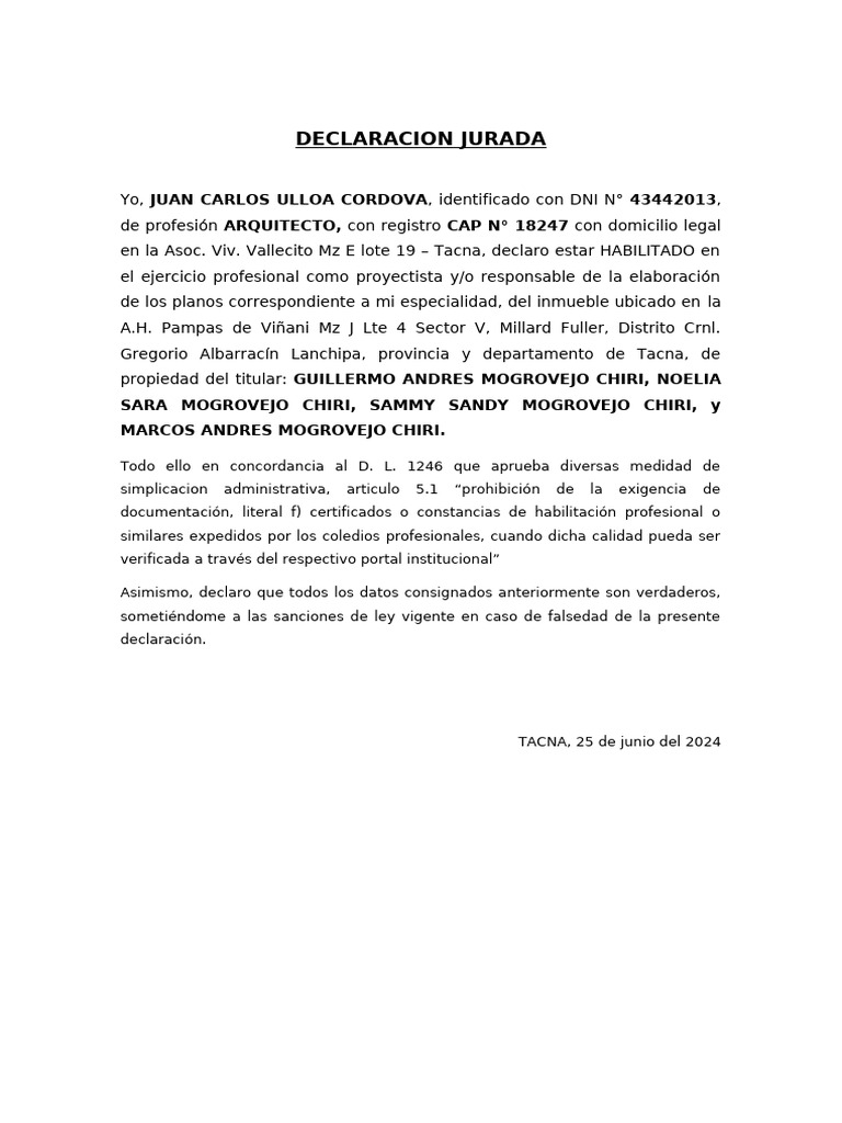 Declaracion Jurada - Habilidad | PDF