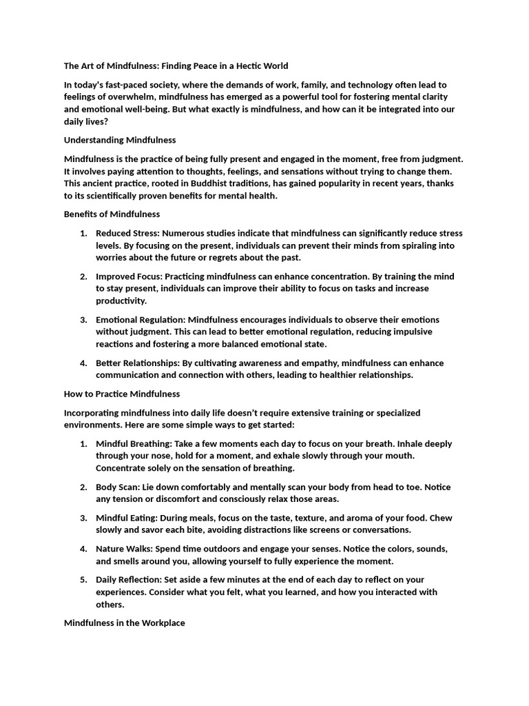 The Art of Mindfulness Finding Peace in A Hectic World | PDF
