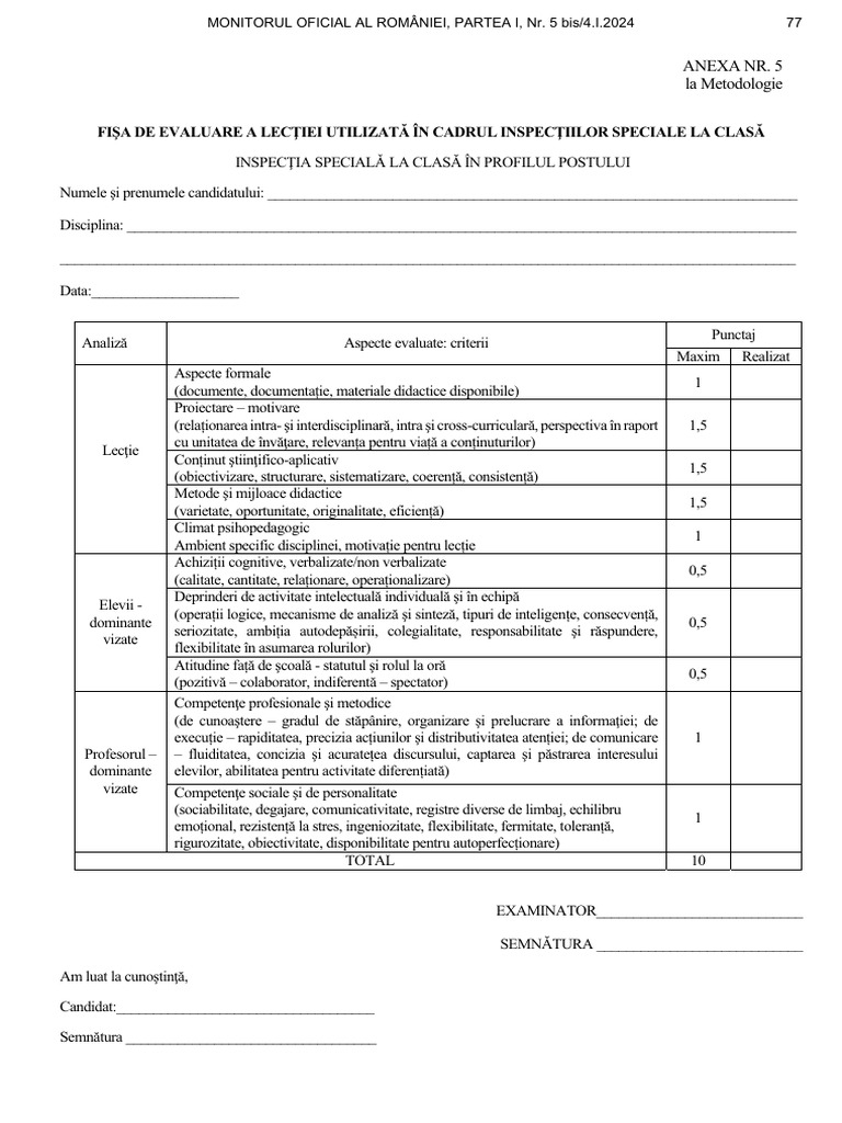 Fisa de Evaluare a Lectiei Utilizata in Cadrul Inspectiilor Speciale La ...