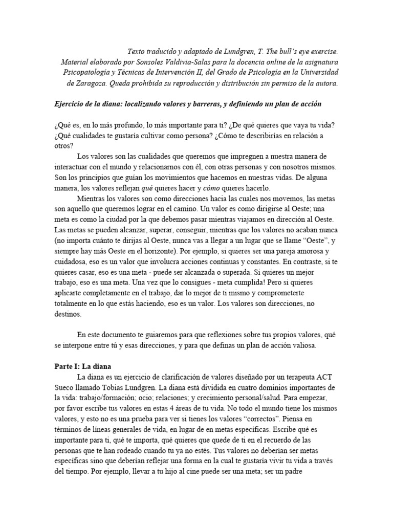 Ejercicio de La Diana. Valores | PDF