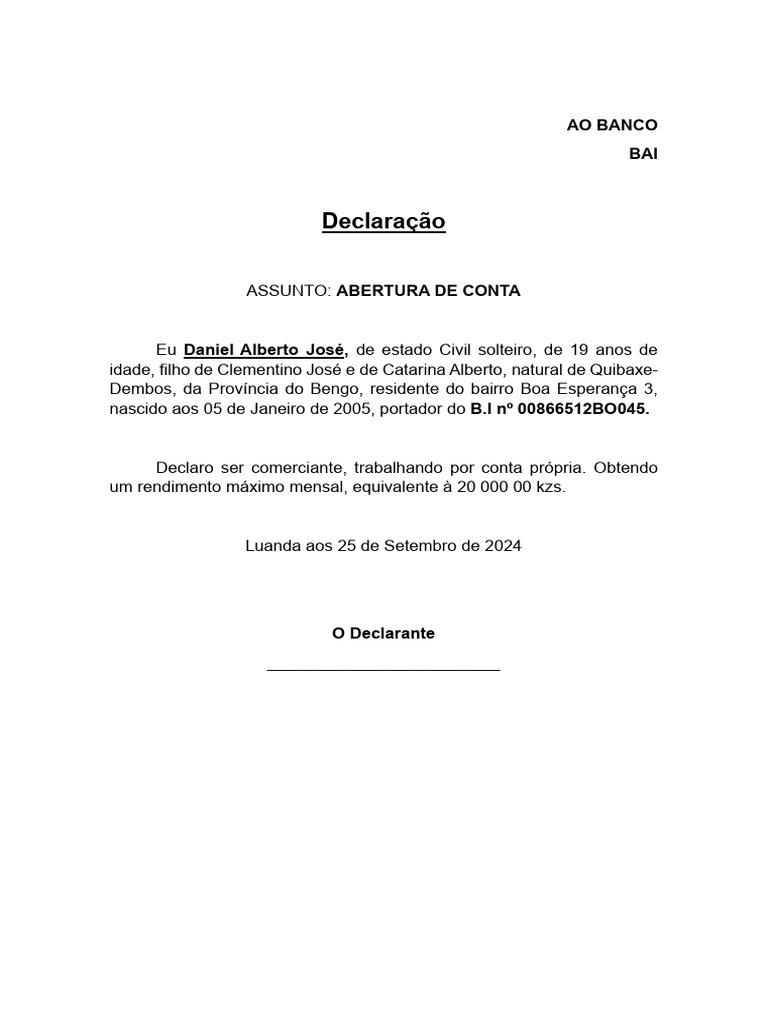 Declaração de Trabalho Por Conta Própria para o Banco BAI | PDF