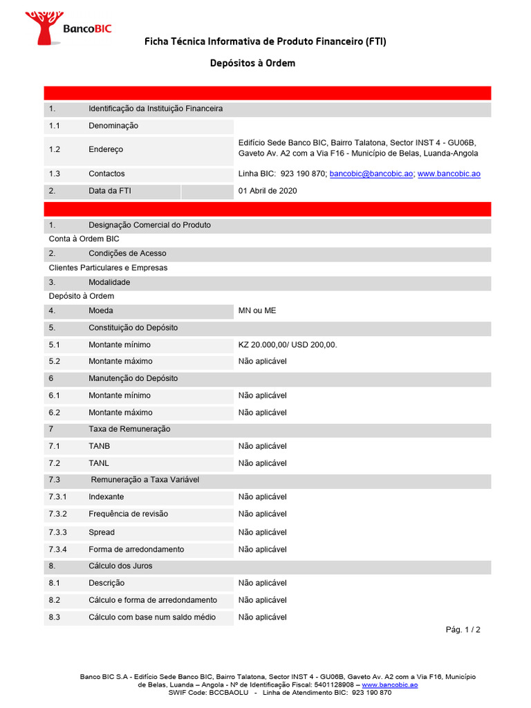 FTI-Depósito - Ordem BANCO BIC | PDF
