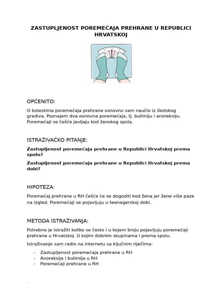 Istraživačko Pitanje - Zastupljenost Poremećaja Prehrane U Republici Hrvatskoj | PDF
