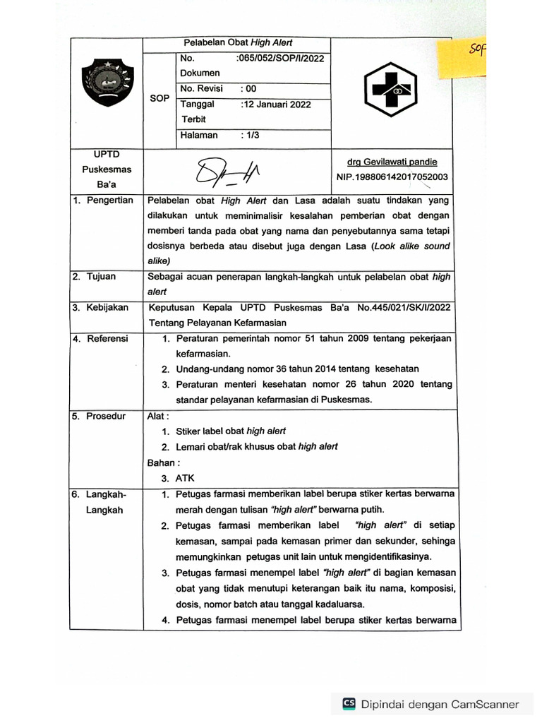 SOP Pelabelan Obat High Alert | PDF
