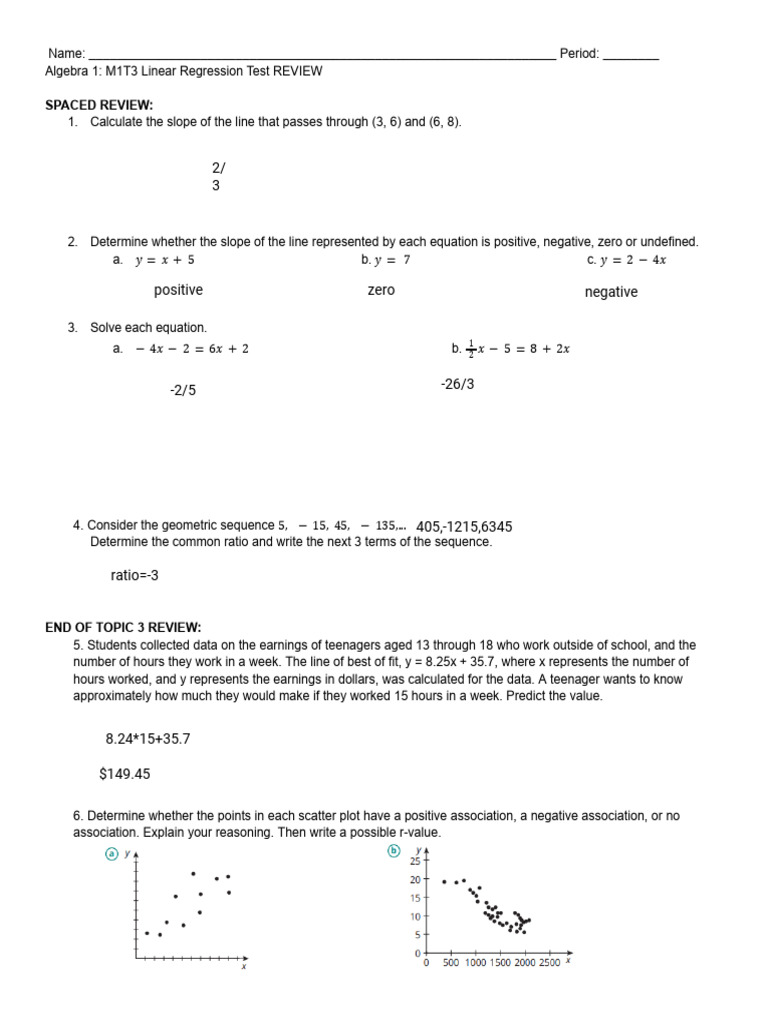 M1T3 Linear Regression Test REVIEW | PDF | Linear Regression | Teaching ...