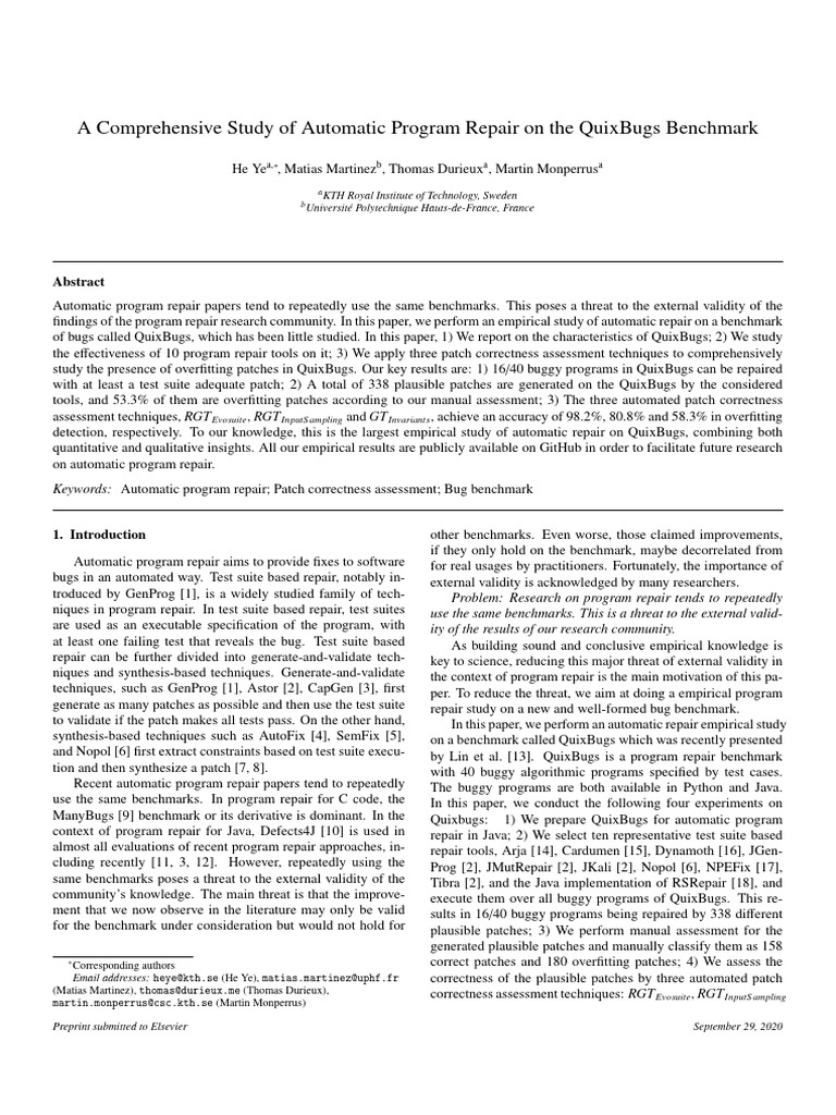 A Comprehensive Study of Automatic Program Repair On The Quixbugs Benchmark | PDF