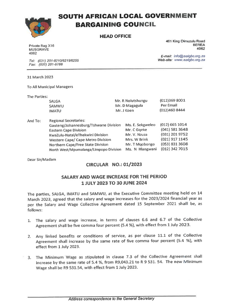 CIRCULAR 01-2023 - SALARY AND WAGE INCREASE FOR THE PERIOD 1 JULY 2023 TO 30 JUNE 2024 | PDF
