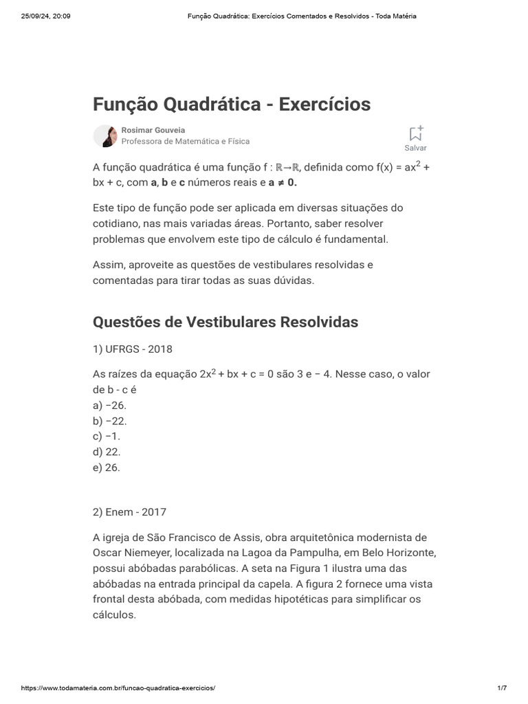 Função Quadrática - Exercícios Comentados e Resolvidos - Toda Matéria | PDF
