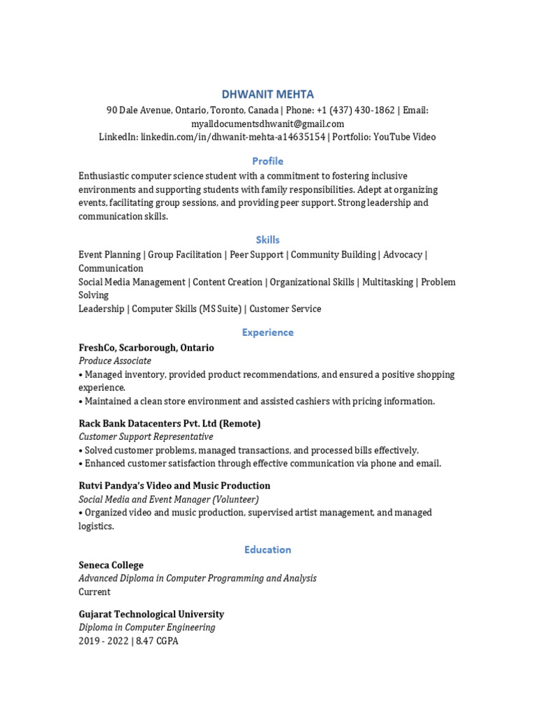Dhwanitmehtaresumeonepage Pdf 